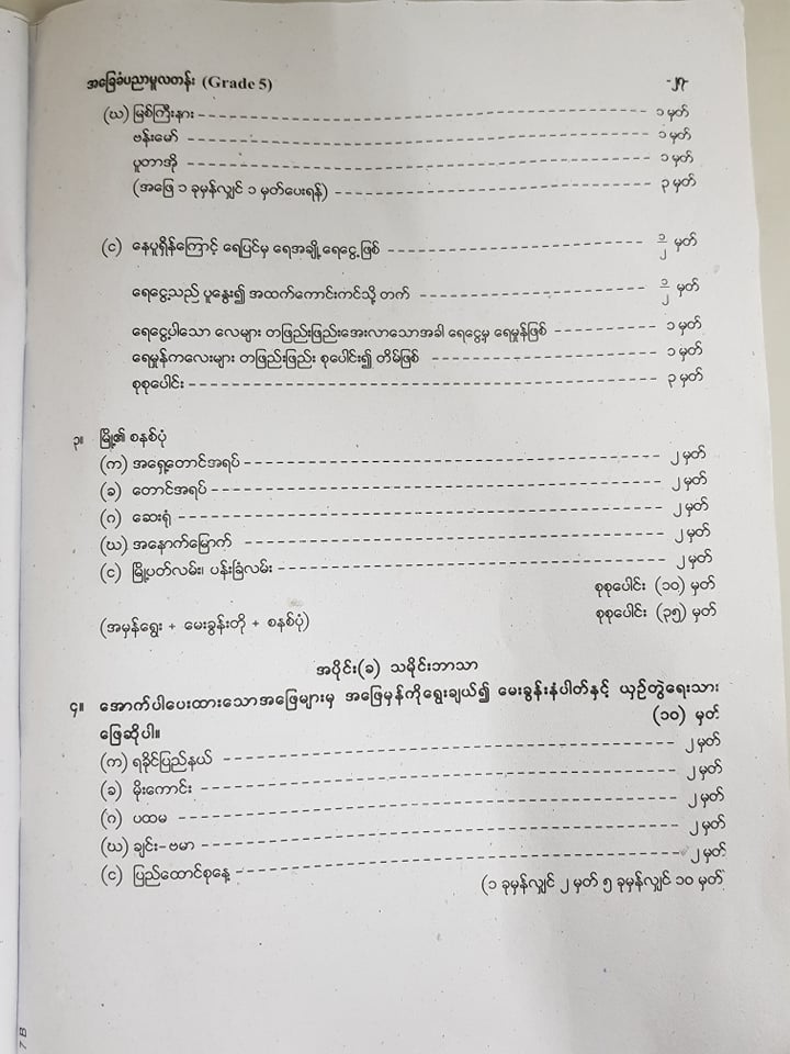 Grade-5 (လူမှုရေးဘာသာနှင့် အခြေခံသိပ္ပံ) စာမေးပွဲ နမူနာမေးခွန်းများ ...